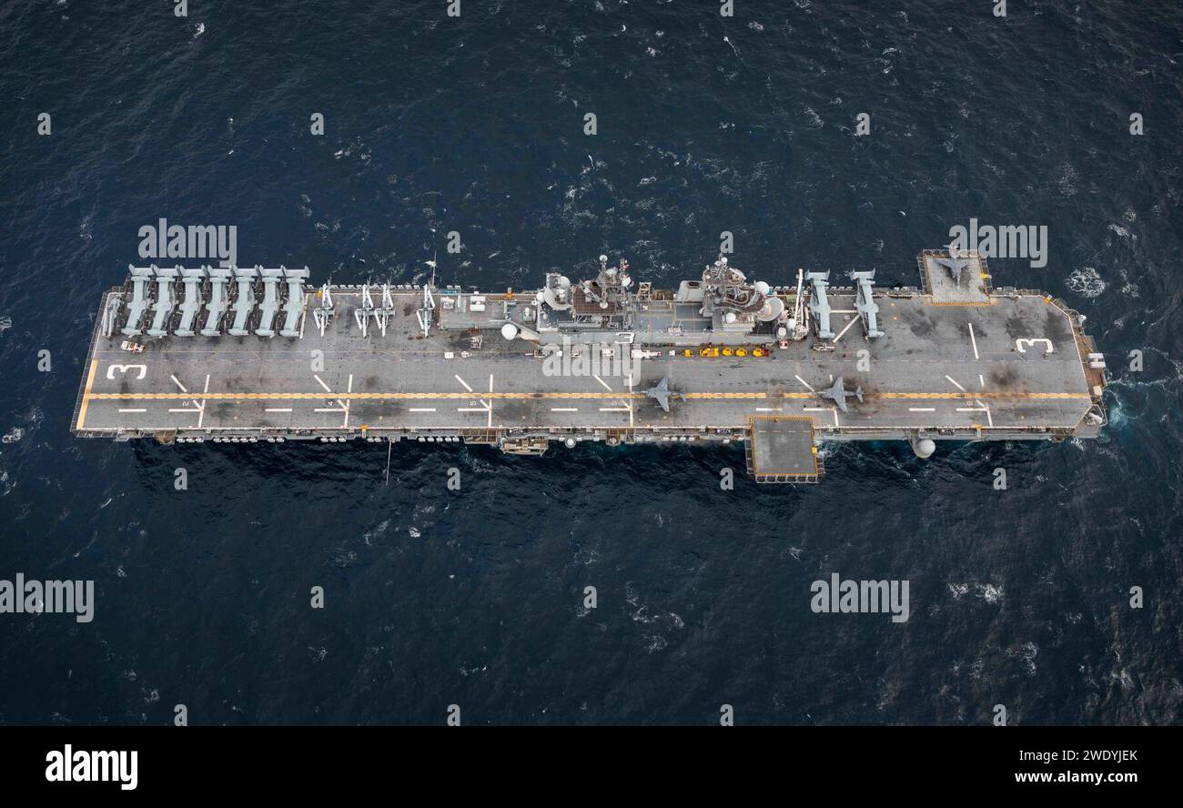 Aerial view of USS Kearsarge (LHD-3) while she transiting the Atlantic Ocean during Northern ...