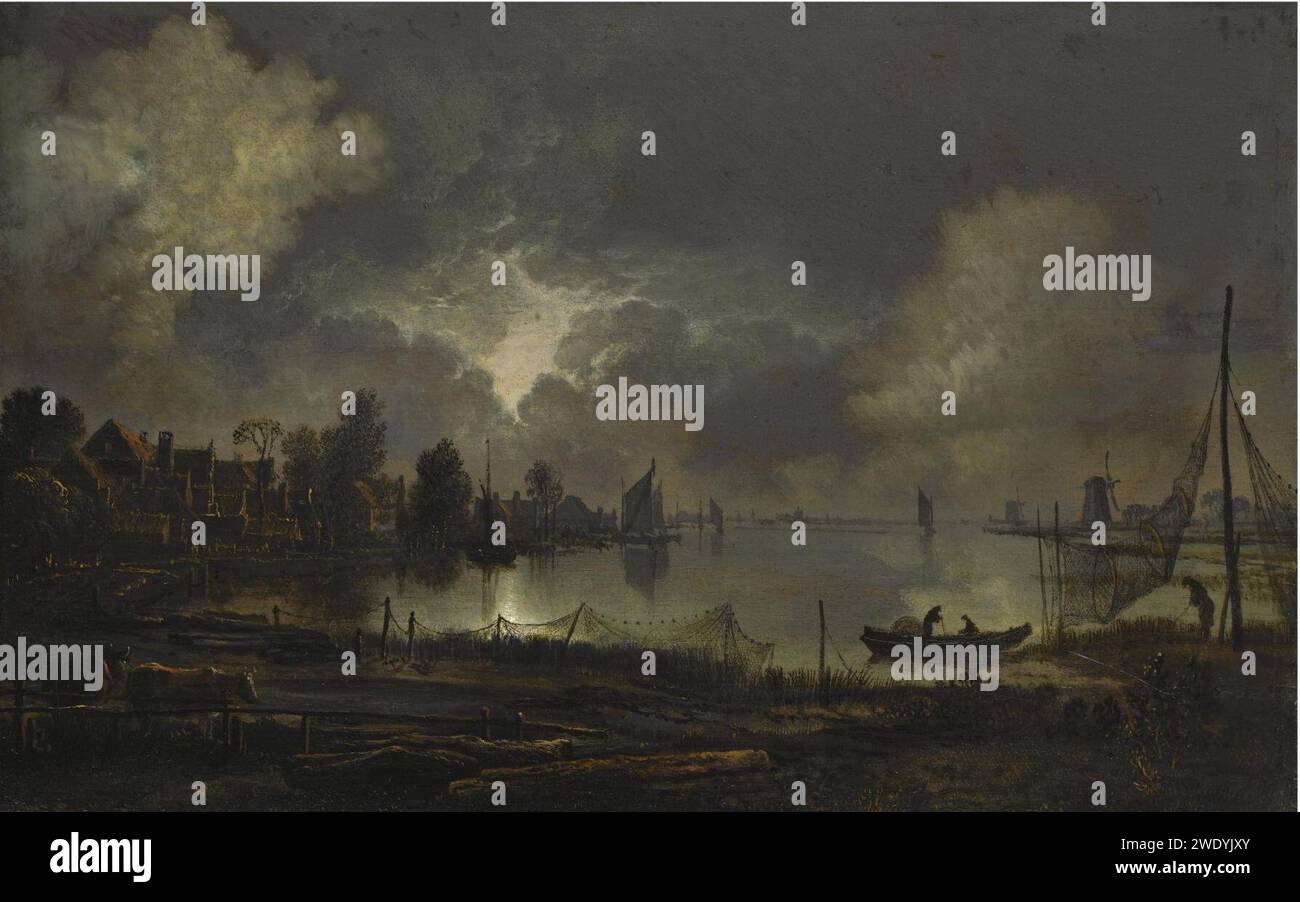 Aert van der Neer - View of a lakeside town by moonlight, with an eel ...