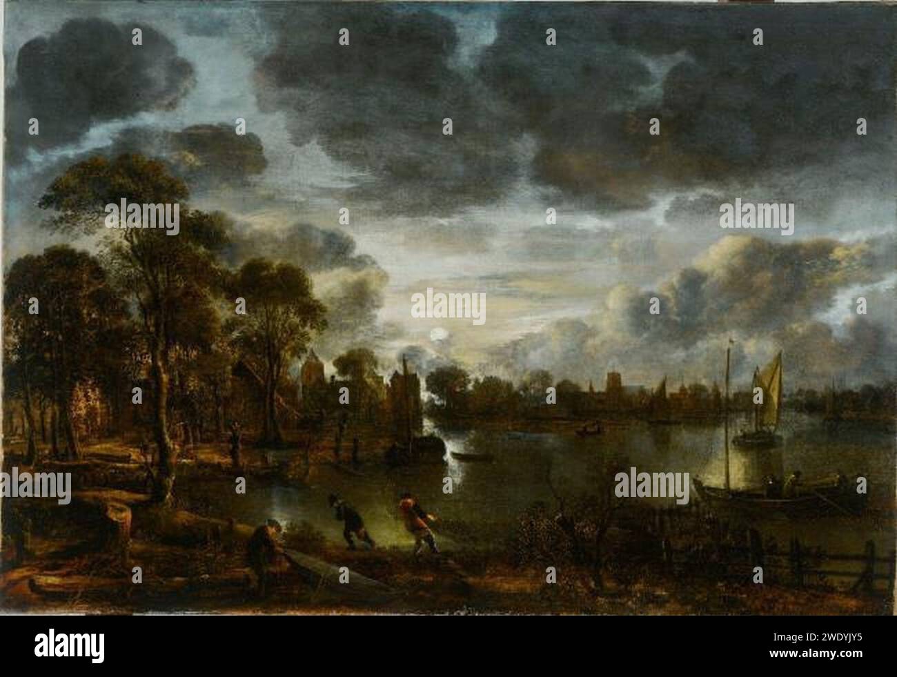 Aert van der Neer - Water landscape at moonlight with fishermen in the ...