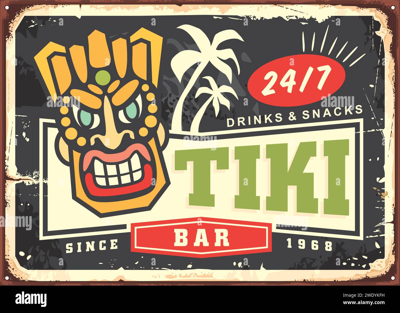 Tiki bar inscription sign design with native tiki mask and palm trees ...