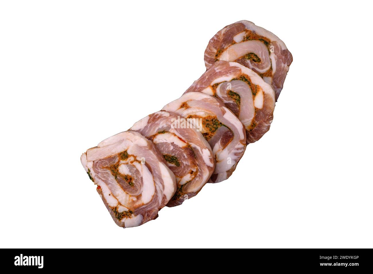 Delicious fresh bacon stripes with spices and salt on a dark concrete ...