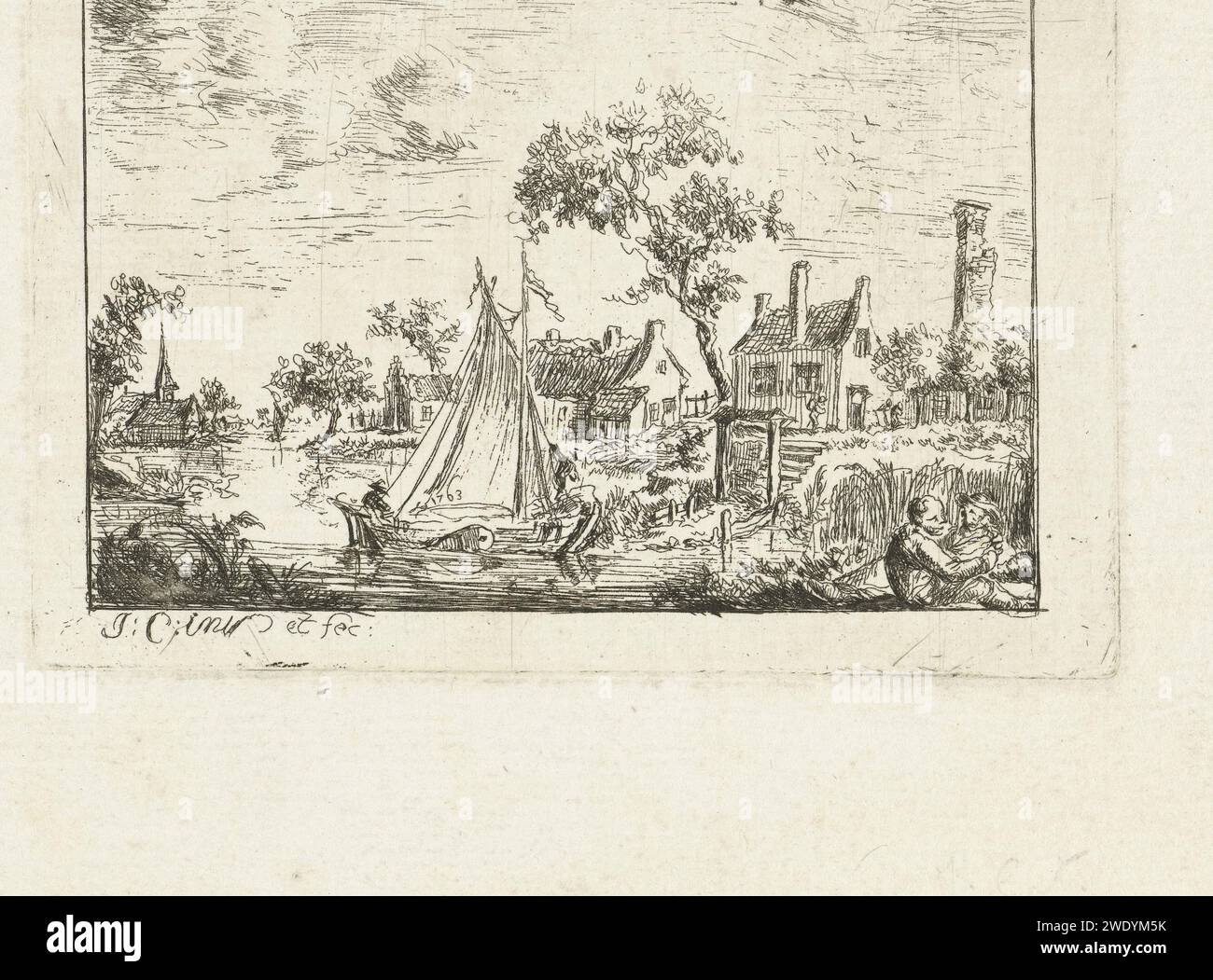 Vaart with Zeilboot, Jacob Cats (1741-1799), 1763 print Amsterdam paper ...