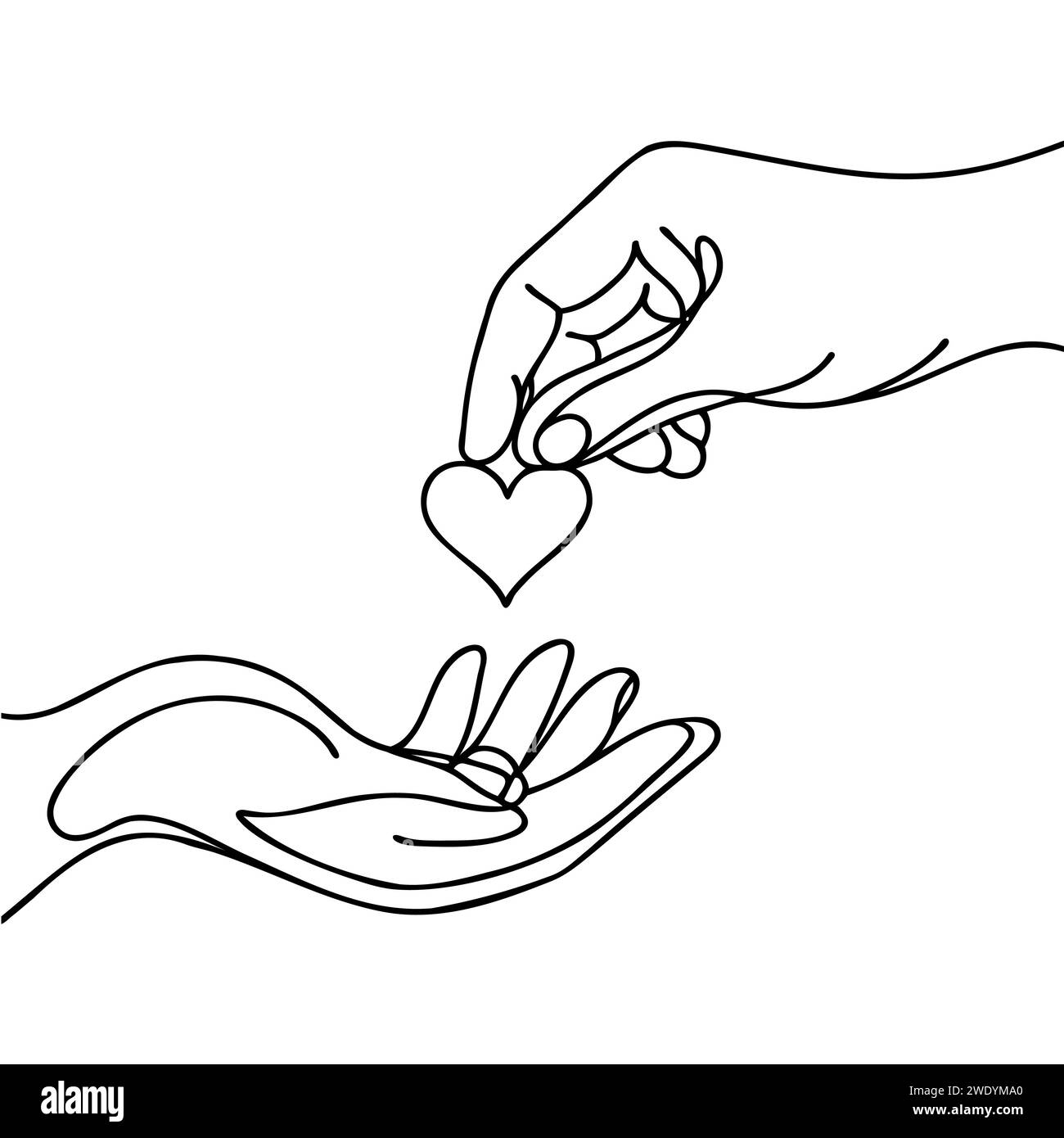 drawn in a continuous single line, a hand gives a heart to its partner ...