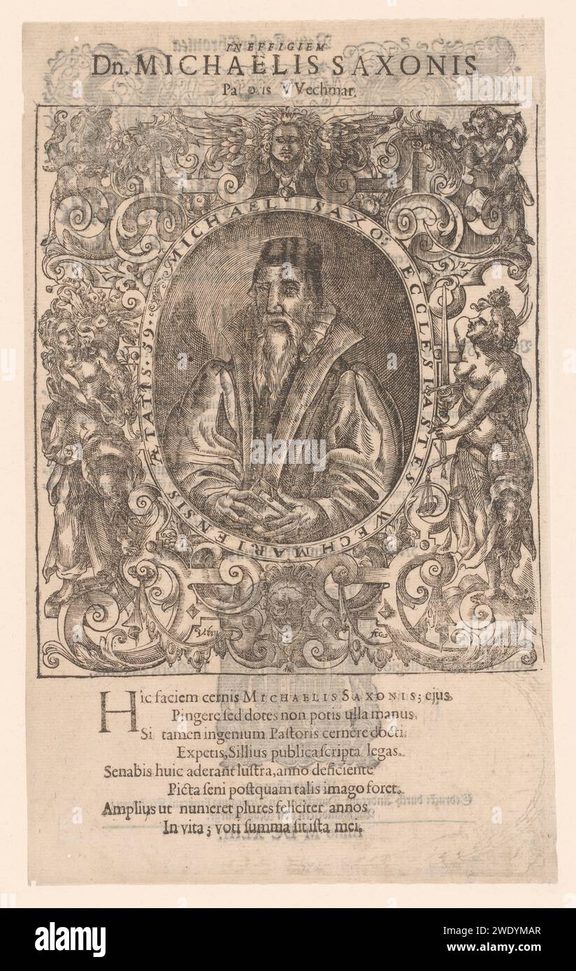 Portrait van Michael Sachse en allegorical figures, monogramist VTM ...