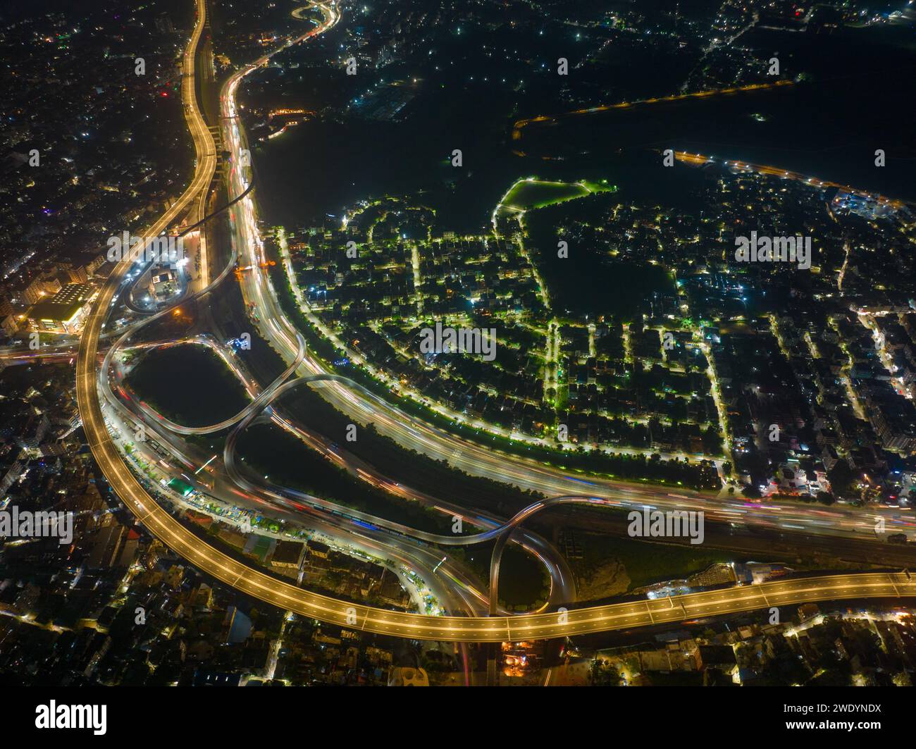 Aerial view of Dhaka Elevated Expressway at night in Dhaka, Bangladesh ...