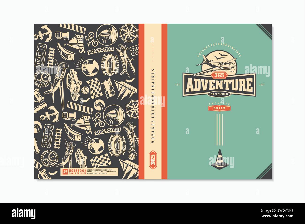 School notebook cover design template with various transportation ...