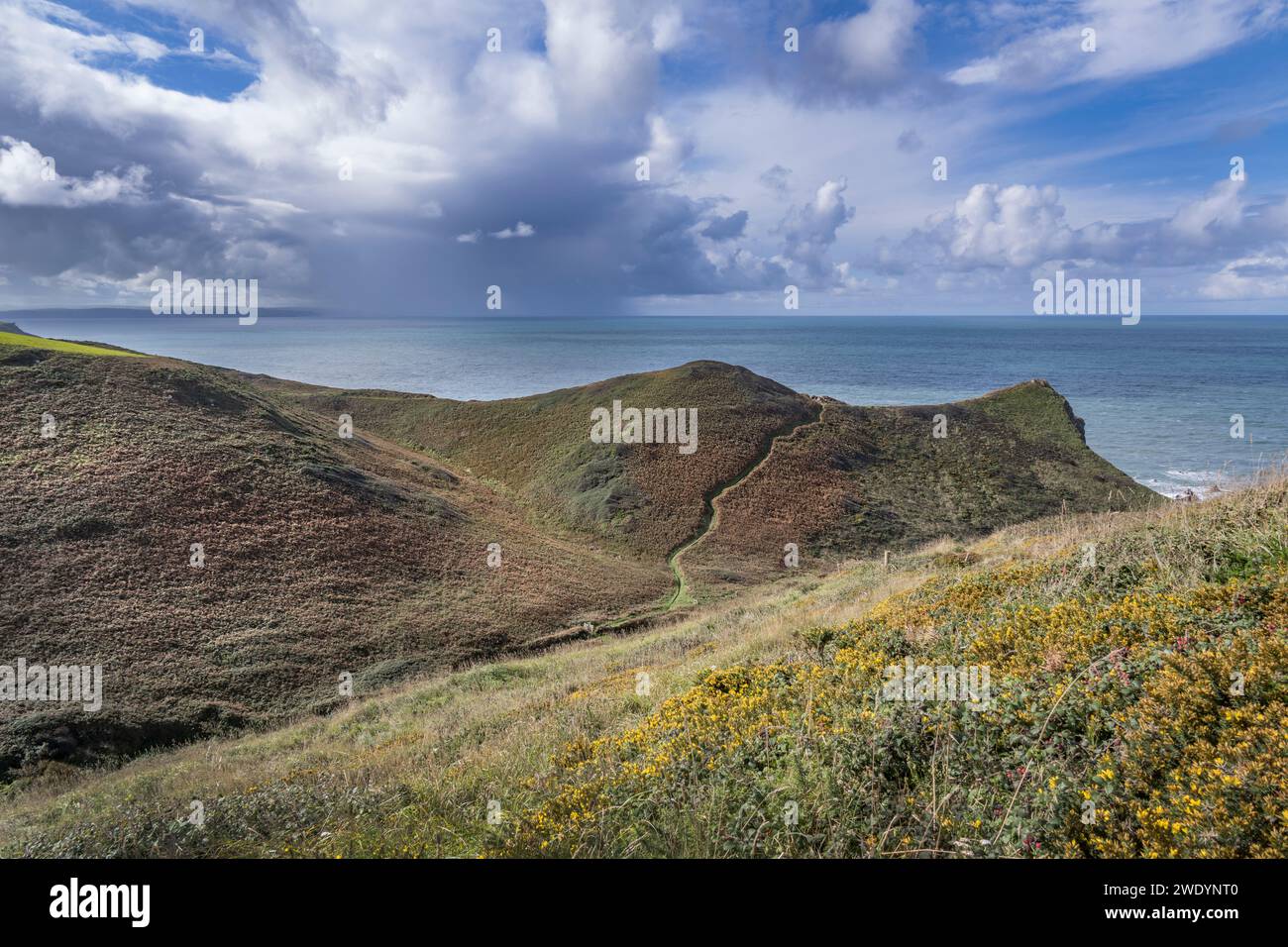 Storm clouds gathering over Morwenstow Cornwall looking down the ...