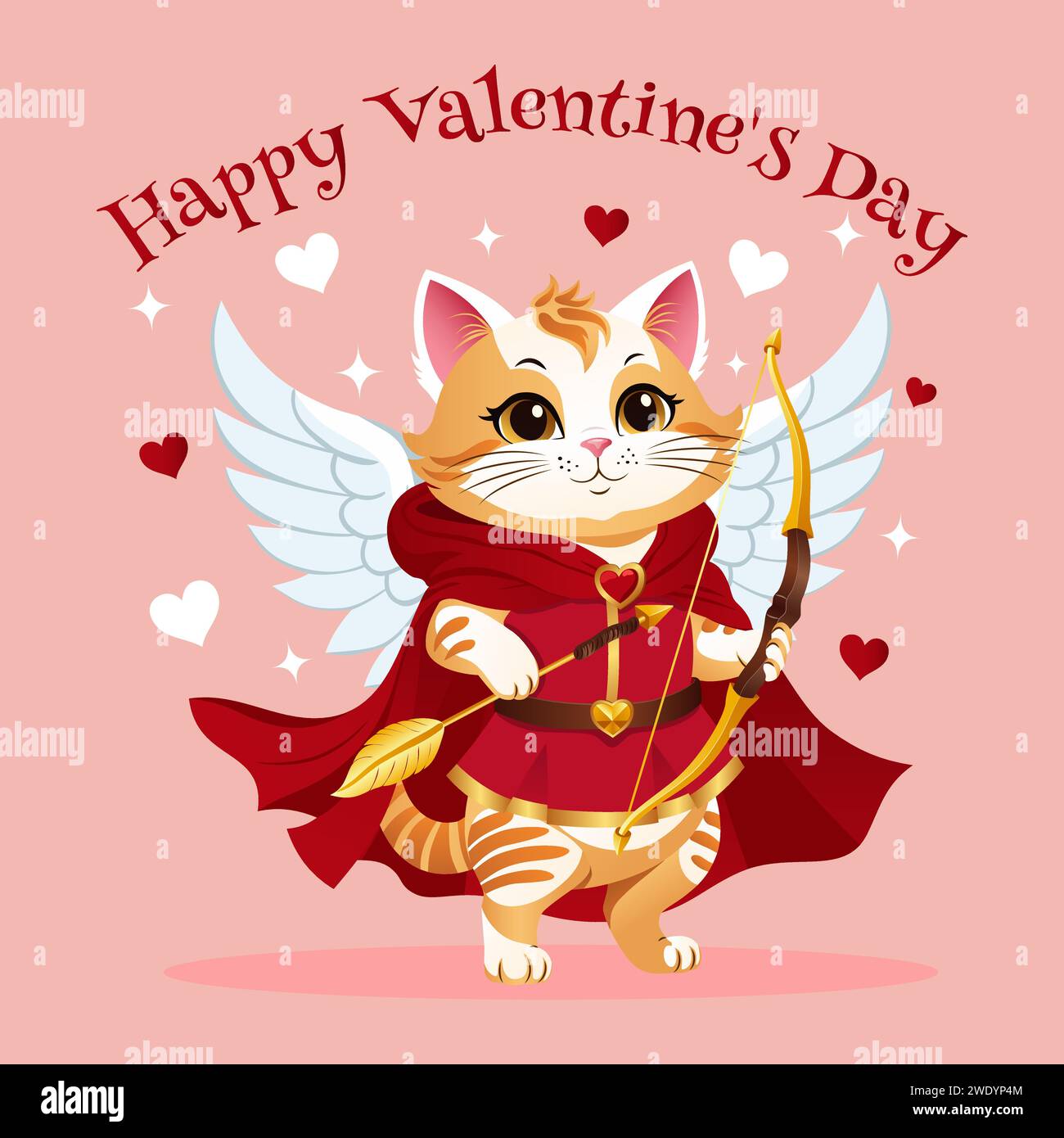 Valentines Day card with cute cat Cupid. Gaming anime character. A cat ...