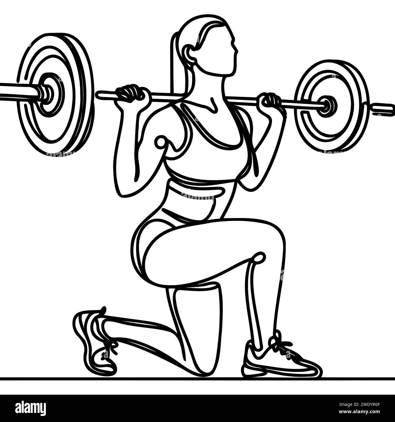 Single continuous line drawing of a young girl with a barbell in the ...