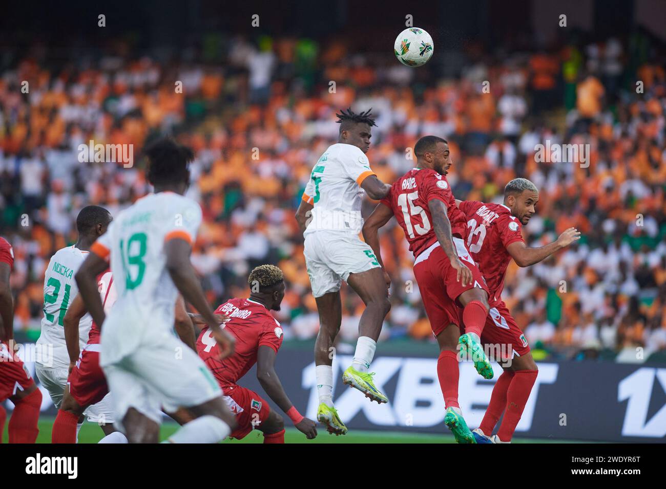 Aerial duel on a corner between Ivorian and Equatorial Guinean players ...