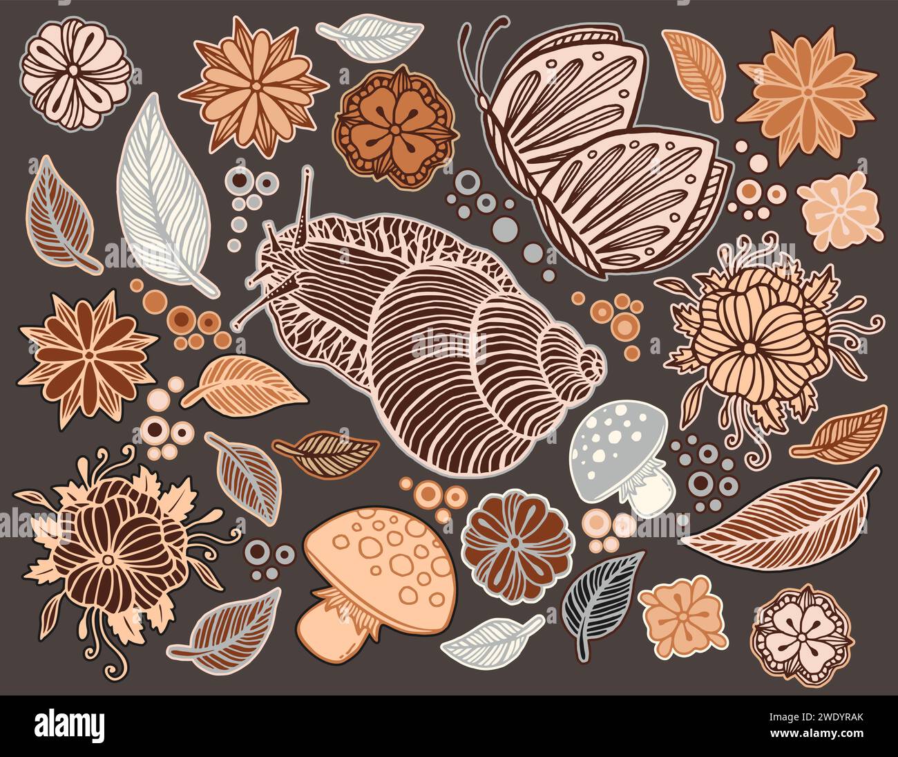 Autumn Snails, Butterfly, Flowers and Leaves Vector Hand Drawn Line Art ...