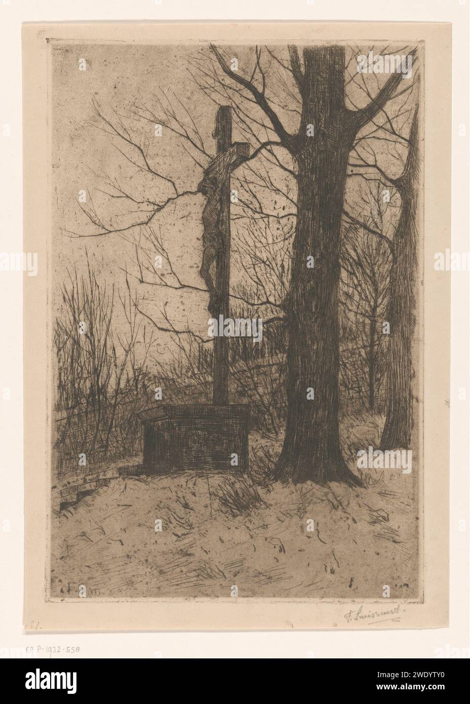 Crucifix next to Boom, Frans Smissaert, 1872 - 1932 print A crucifix on a stone monument ...