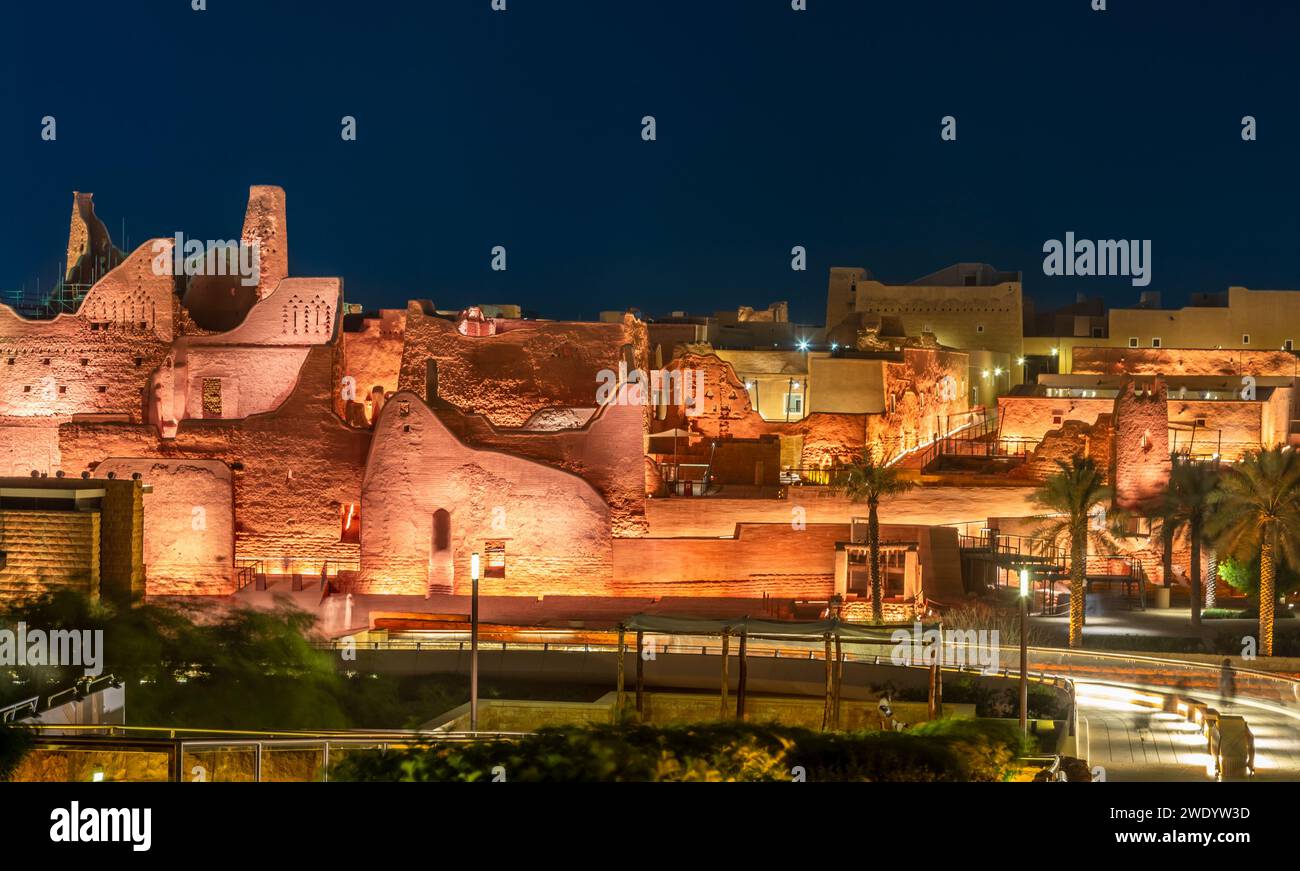 Diriyah illuminated old town walls, At-Turaif district complex at night ...