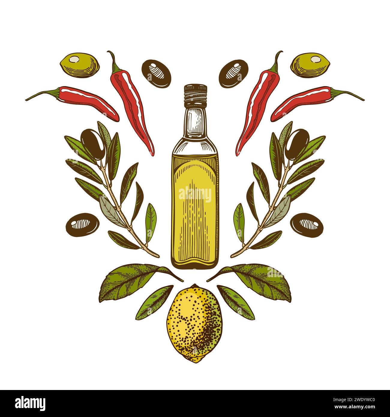 A heart-shaped composition of olive branches, pepper and a bottle of ...