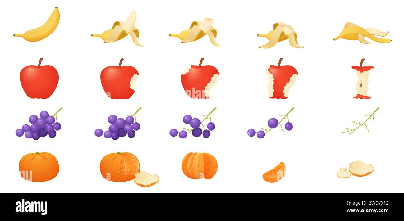 Eaten fruits set, sequence game animation of bitten food. Animated ...