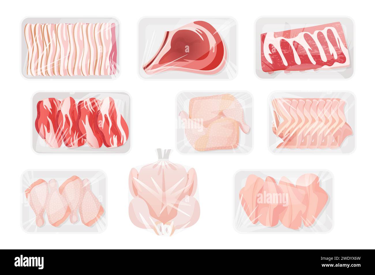 Raw meat in white plastic containers set. Top view of chilled whole ...