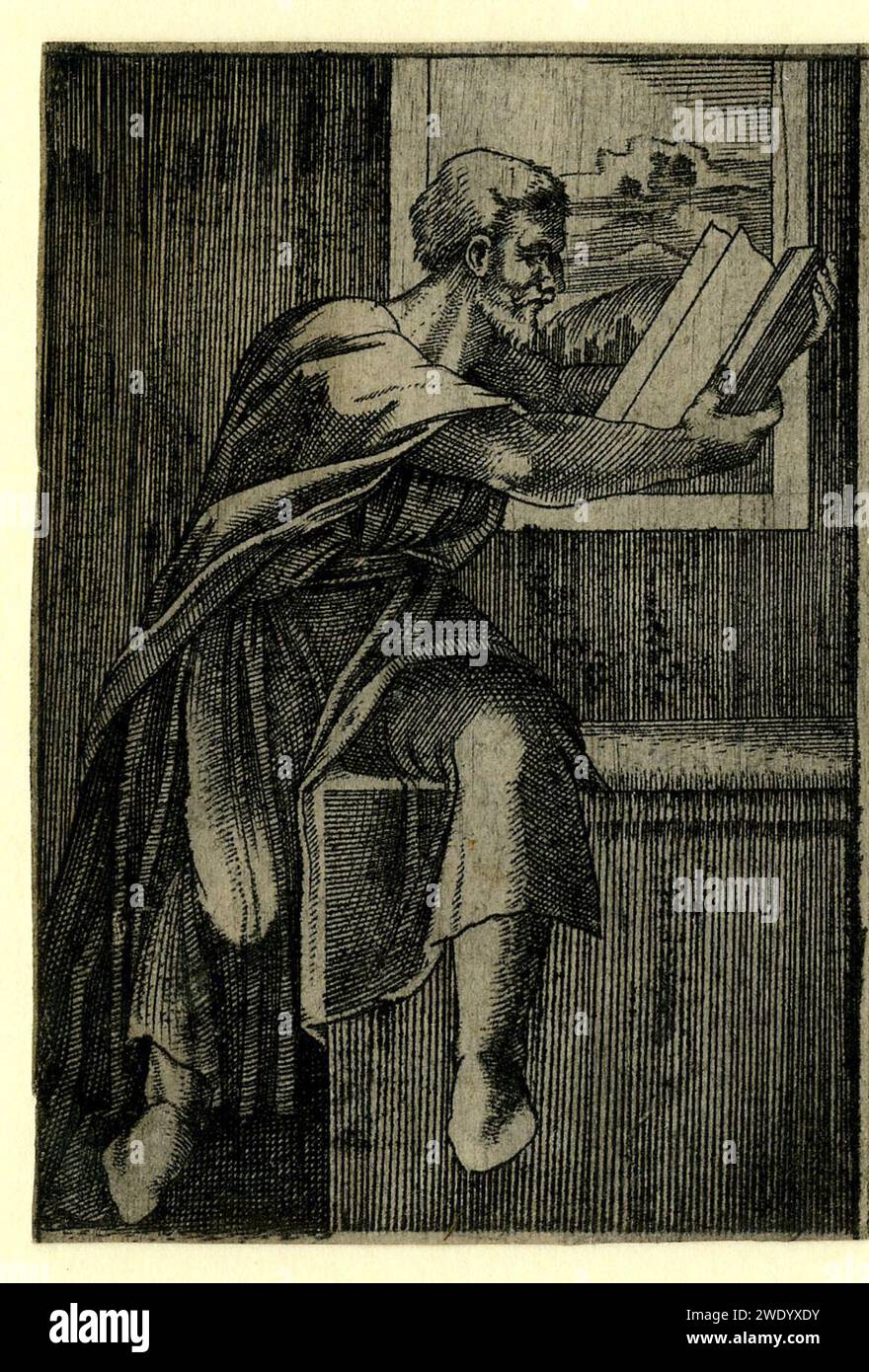 Agostino Veneziano - A philosopher sitting on a bench by a window ...