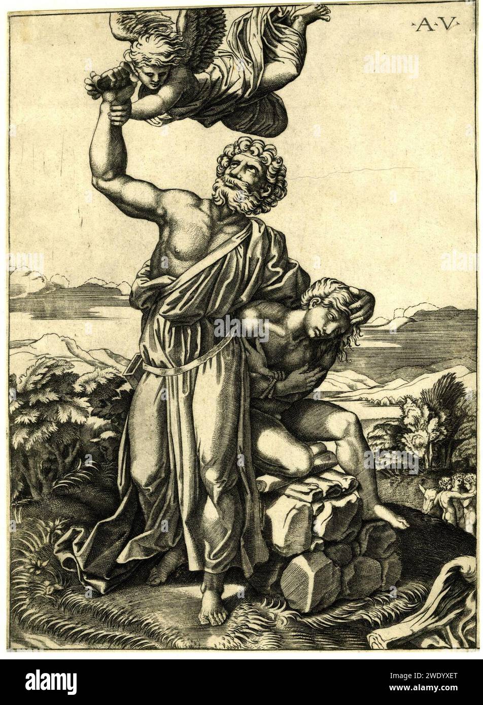 Agostino Veneziano - Abraham standing with his right hand raised and ...