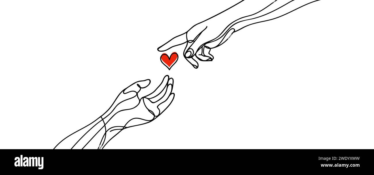 drawn in a continuous single line, a hand gives a heart to its partner ...