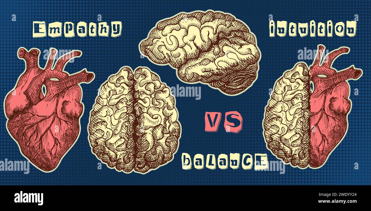 Concept heart VS brain. Vintage design collage poster. Mental health ...