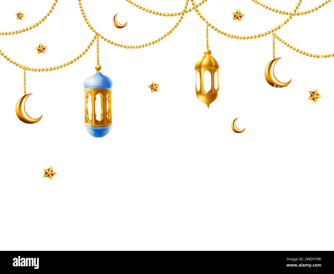 Watercolor Islamic arabian frame, templates with golden crescent moon ...