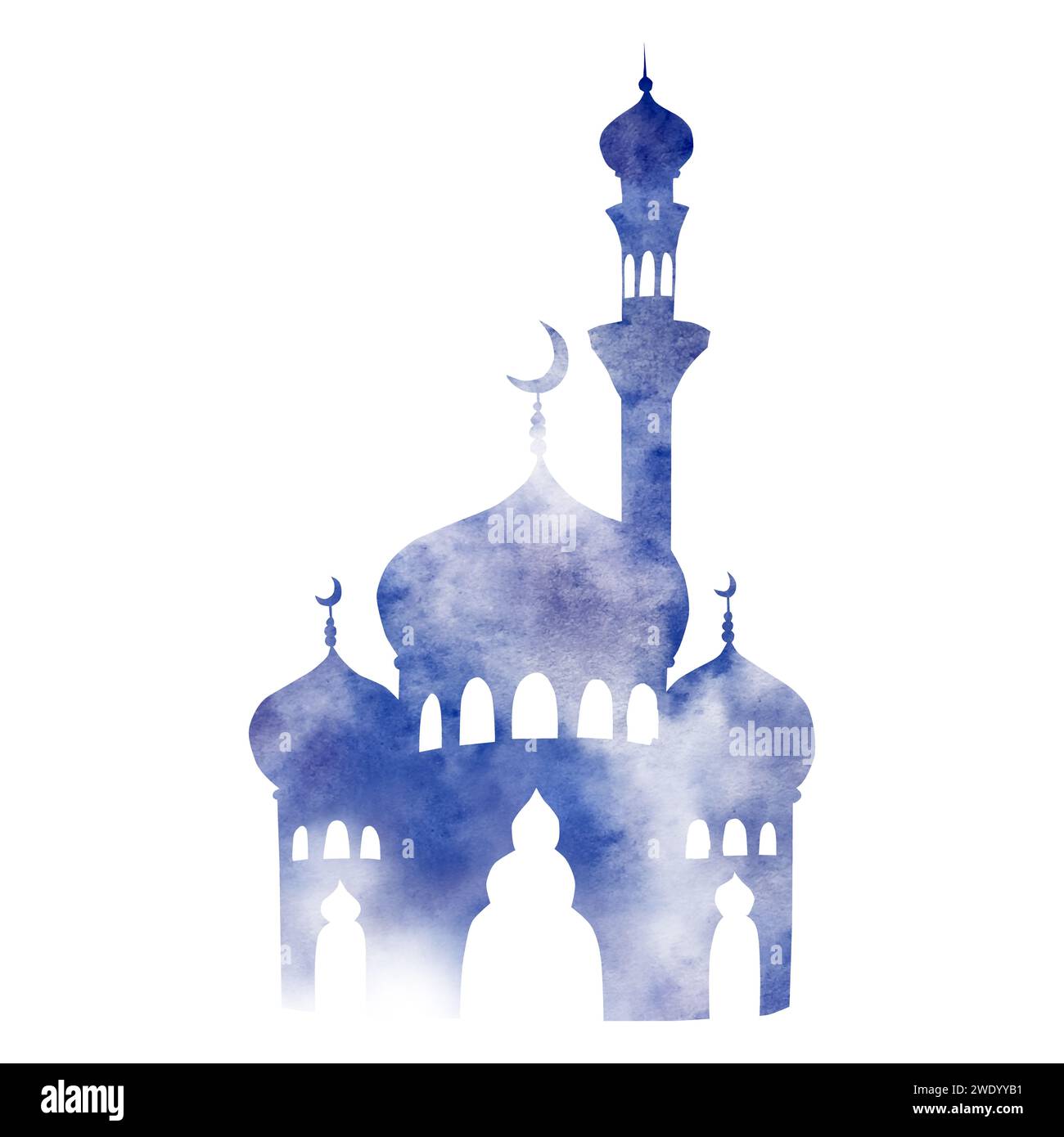 Watercolor silhouette of Islamic mosque and minaret with crescent moon ...