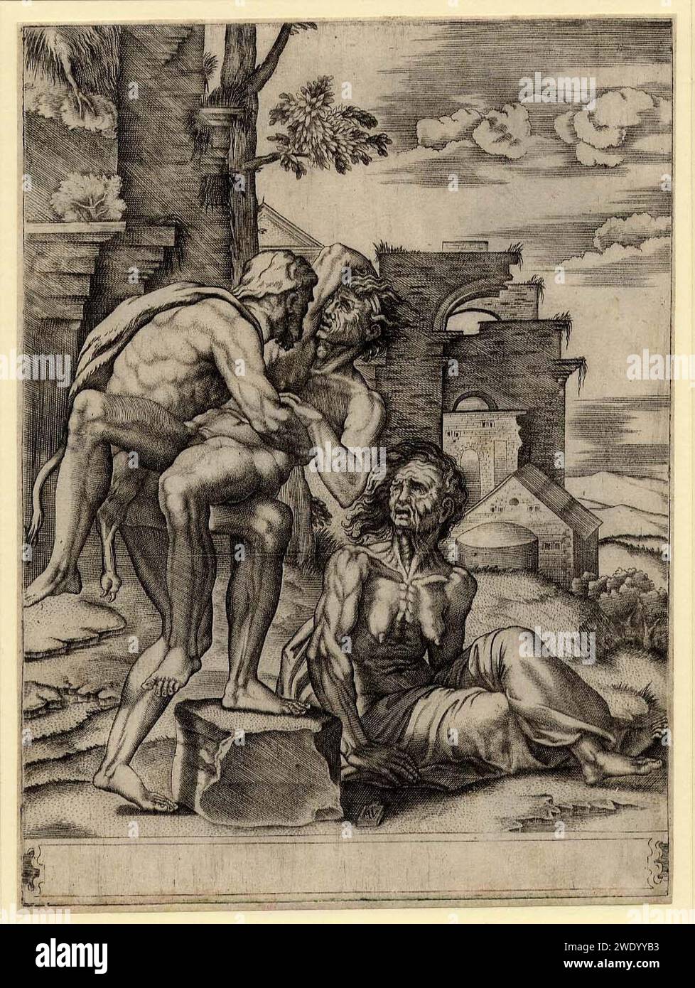 Agostino Veneziano - Hercules wrestling Antaeus in the presence of an old woman, likely Earth ...