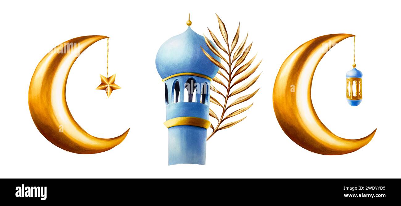 Watercolor set of illustrations with Islamic arabian golden crescent ...