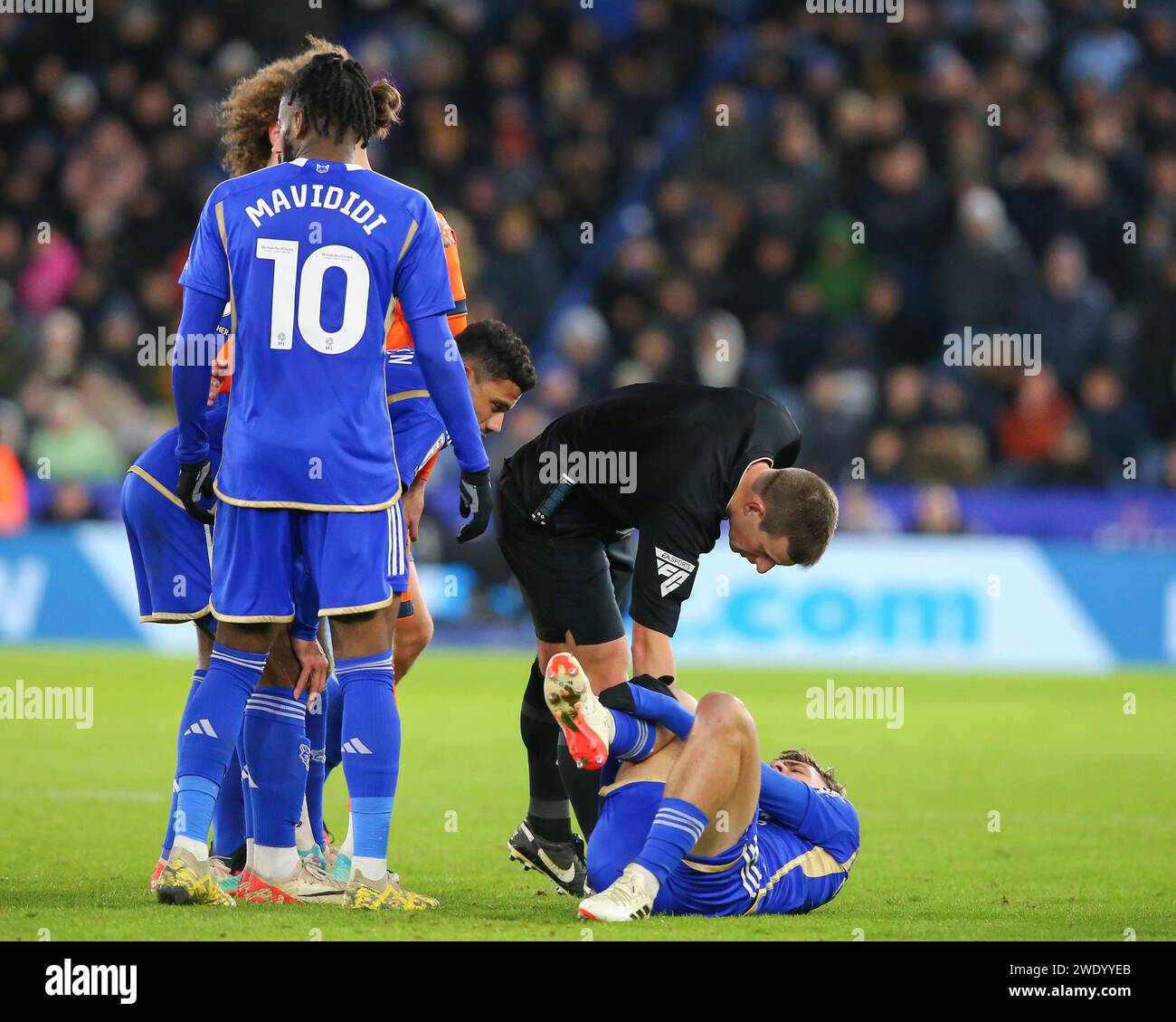 Referee Josh Smith check on Kiernan Dewsbury-Hall of Leicester City as ...