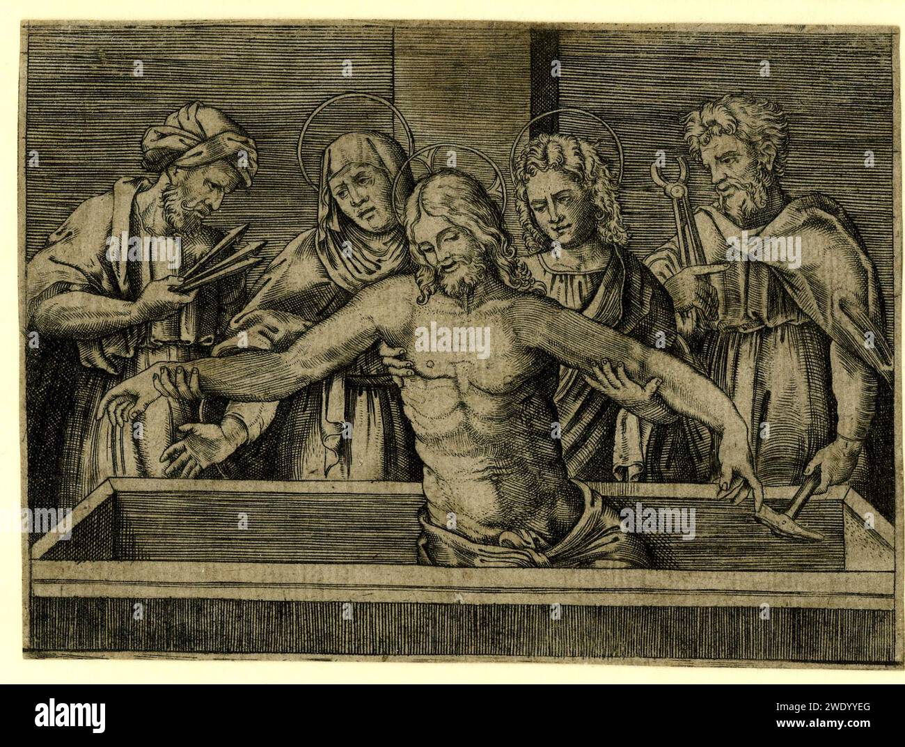 Agostino Veneziano - Jesus Christ in the Tomb supported by the Virgin ...