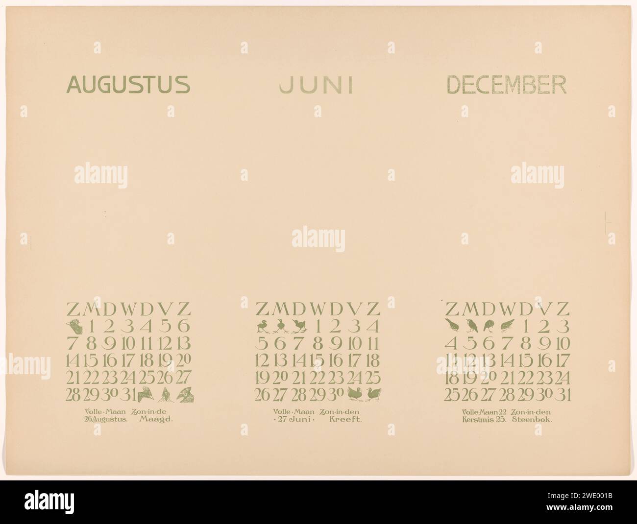 Calendars for August, June and December 1904, Theo van Hoytema, 1904 ...