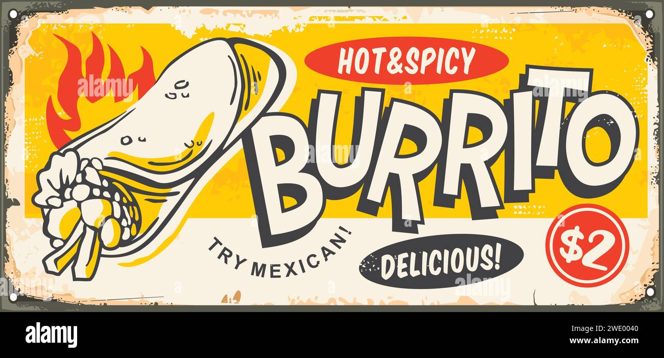 Burrito sign promo ad for Mexican fast food. Restaurant tin sign with ...