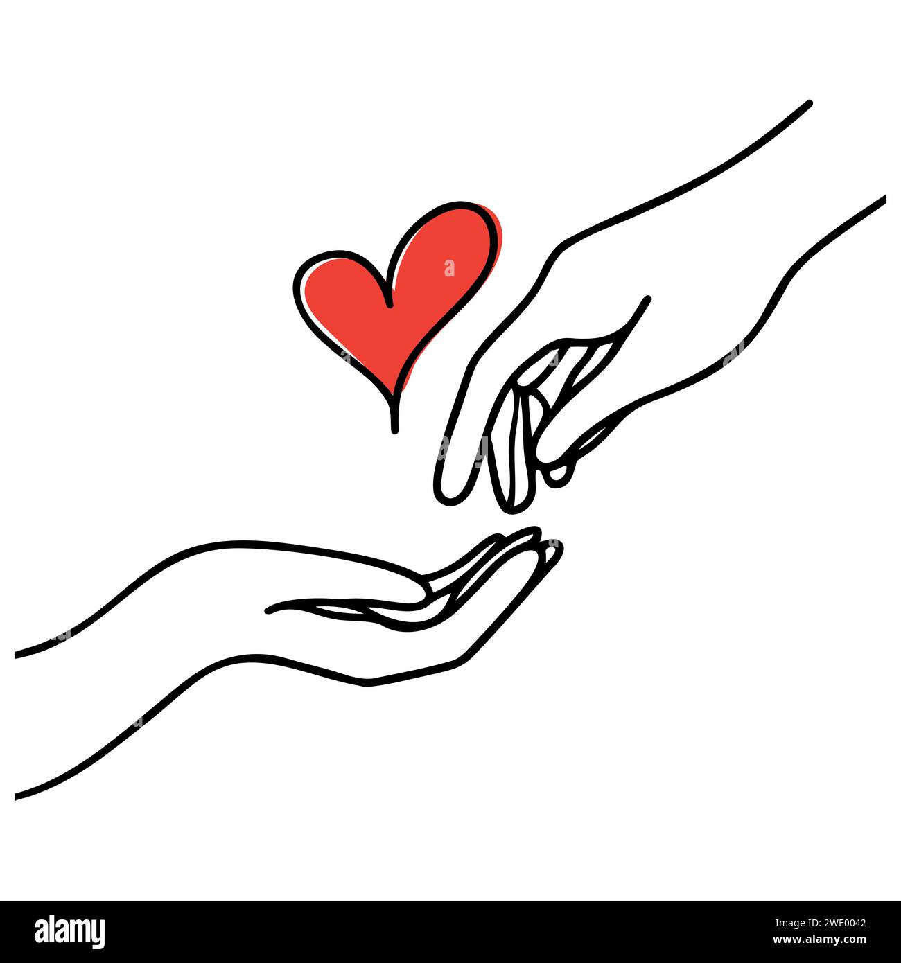 drawn in a continuous single line, a hand gives a heart to its partner ...