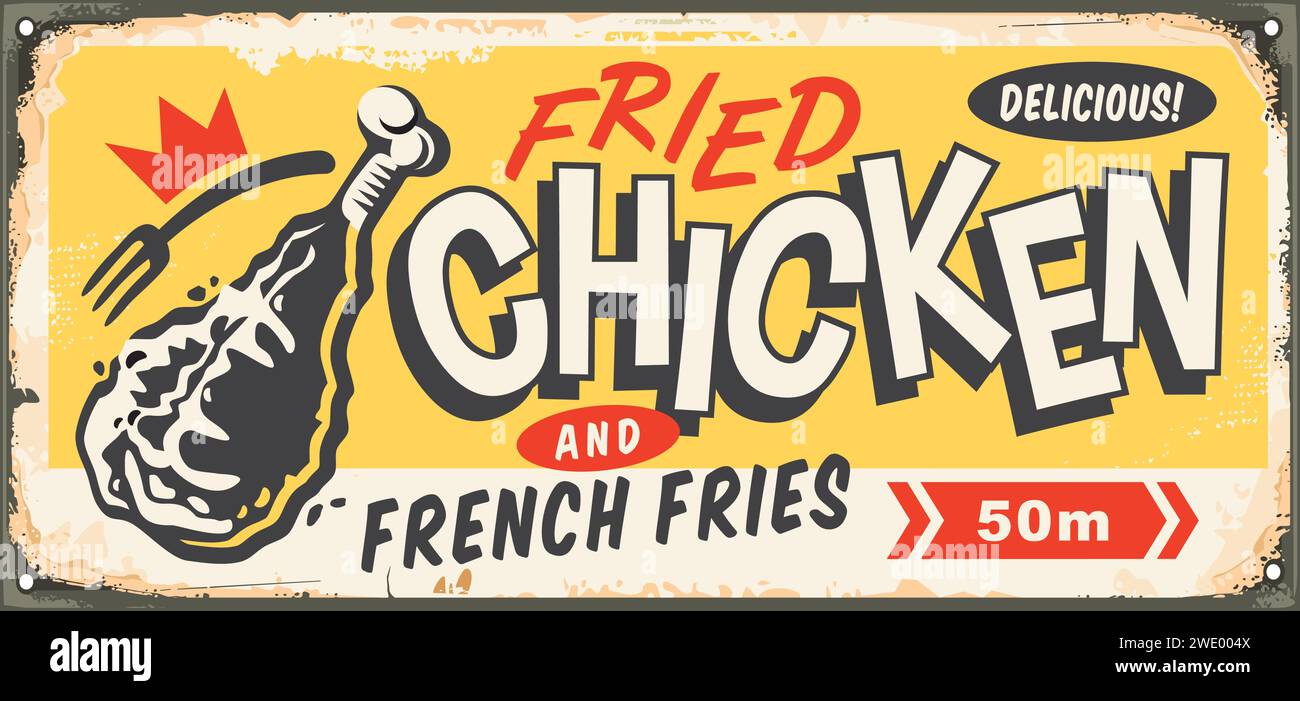 Fried chicken retro fast food menu sign with chicken drumstick and ...