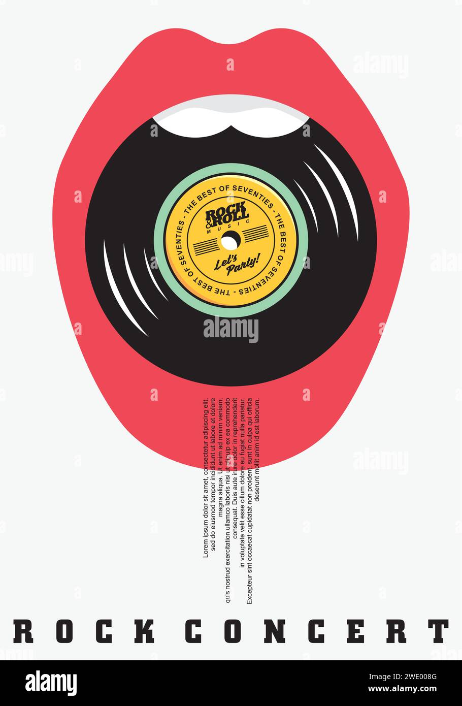 Rock concert artistic poster design. Open mouth and vinyl record ...