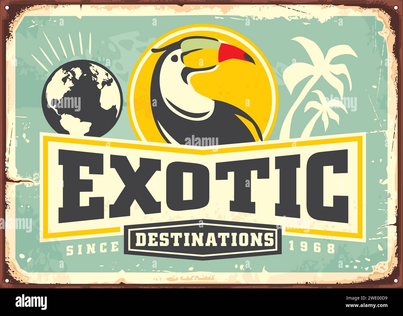 Travel advertising vintage tin sign or poster with exotic bird and palm ...