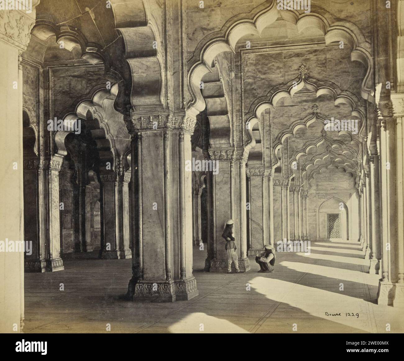 Agra, Interior of the Motee Musjid, showing the marble Saracenic arches ...