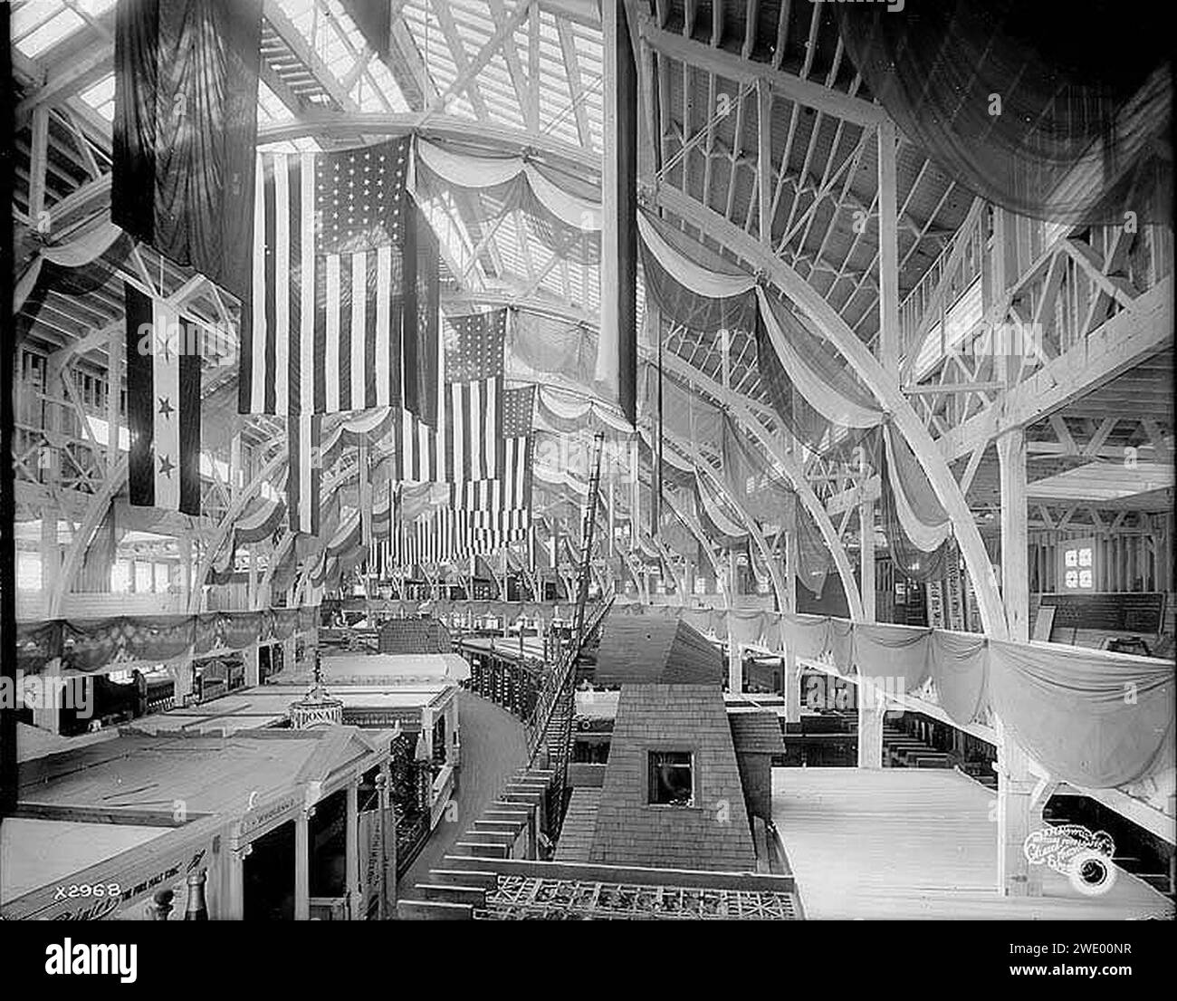 Agriculture Building interior showing exhibit booths under construction ...