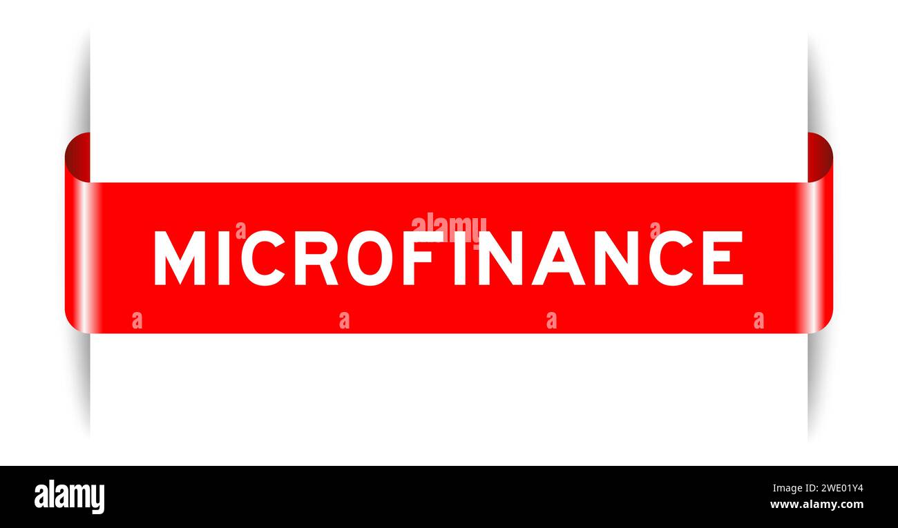 Red color inserted label banner with word microfinance on white ...