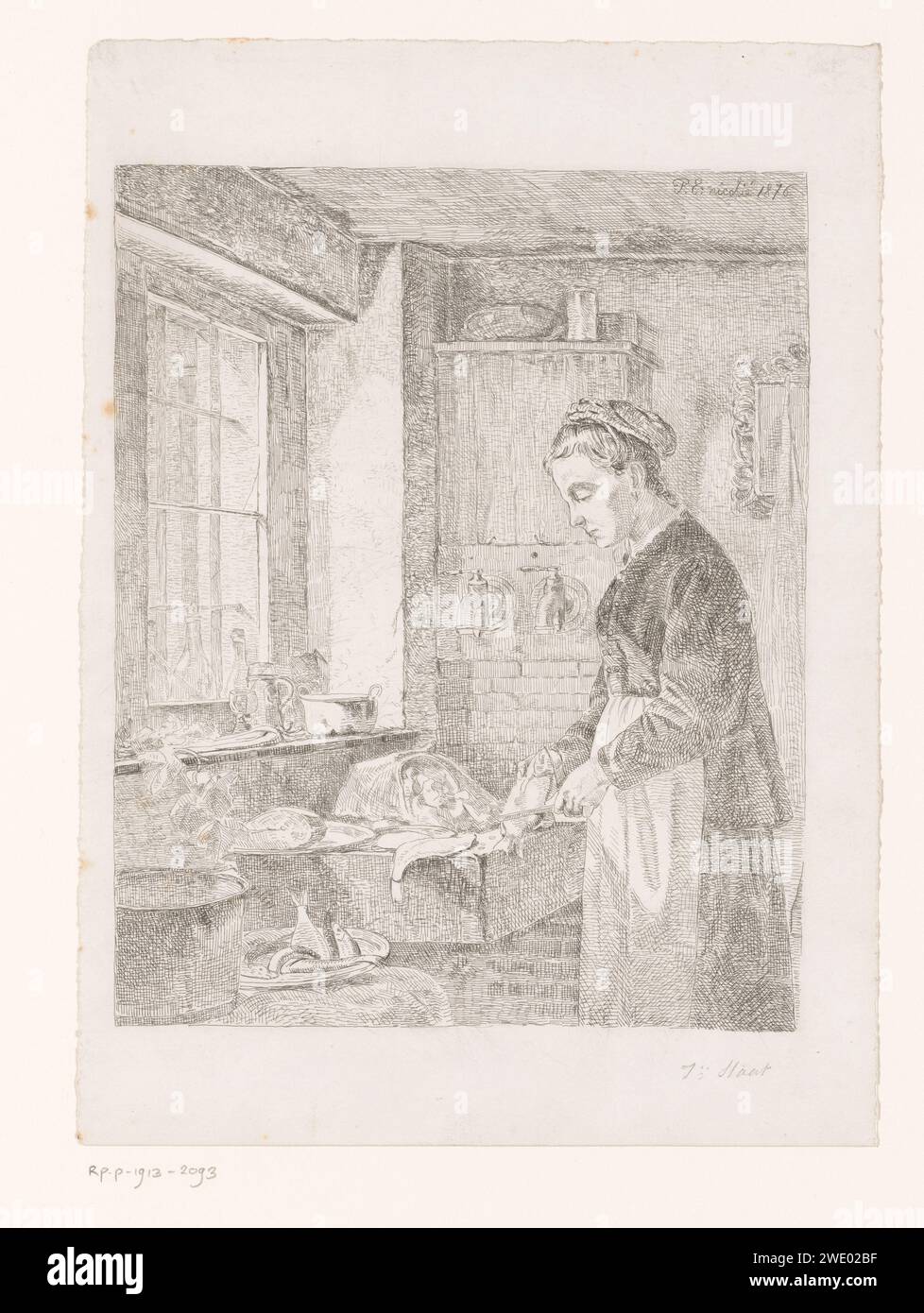 Woman prepares fish in a kitchen, Paul Emile Nicolié, 1876 print paper ...