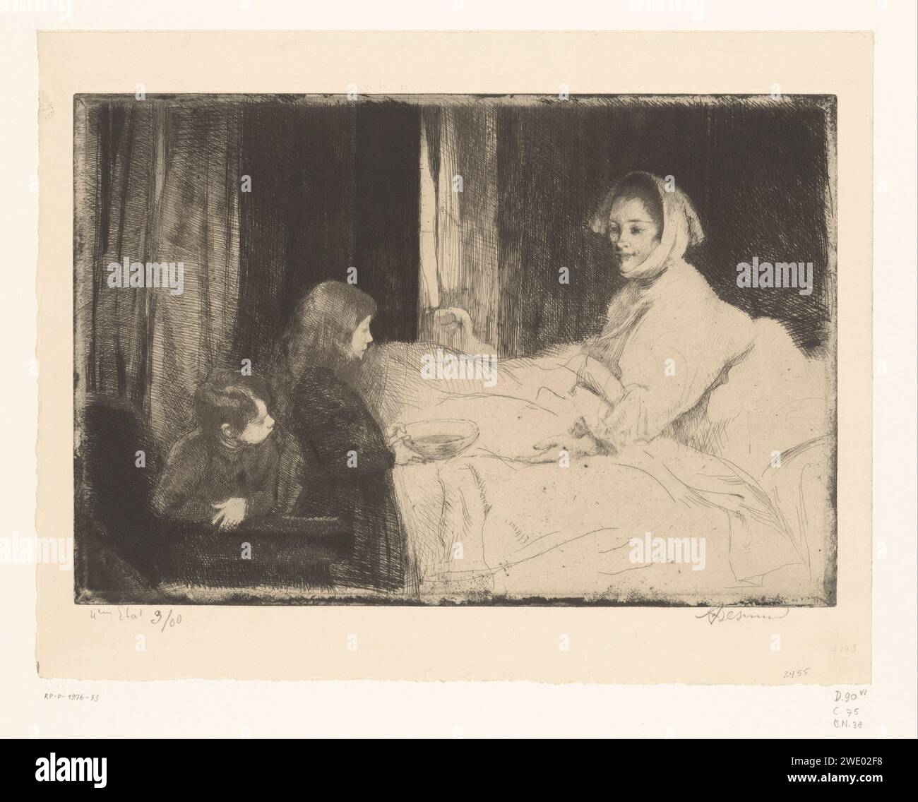 Children on their mother's sickbed, Albert Besnard, 1859 - 1934 print France paper etching ...