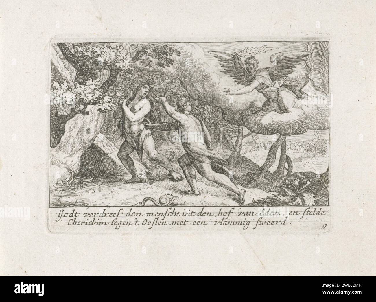 Expulsion from Paradise, Crispijn van de Passe (I), 1700 - 1750 print The angel shifts Adam and ...