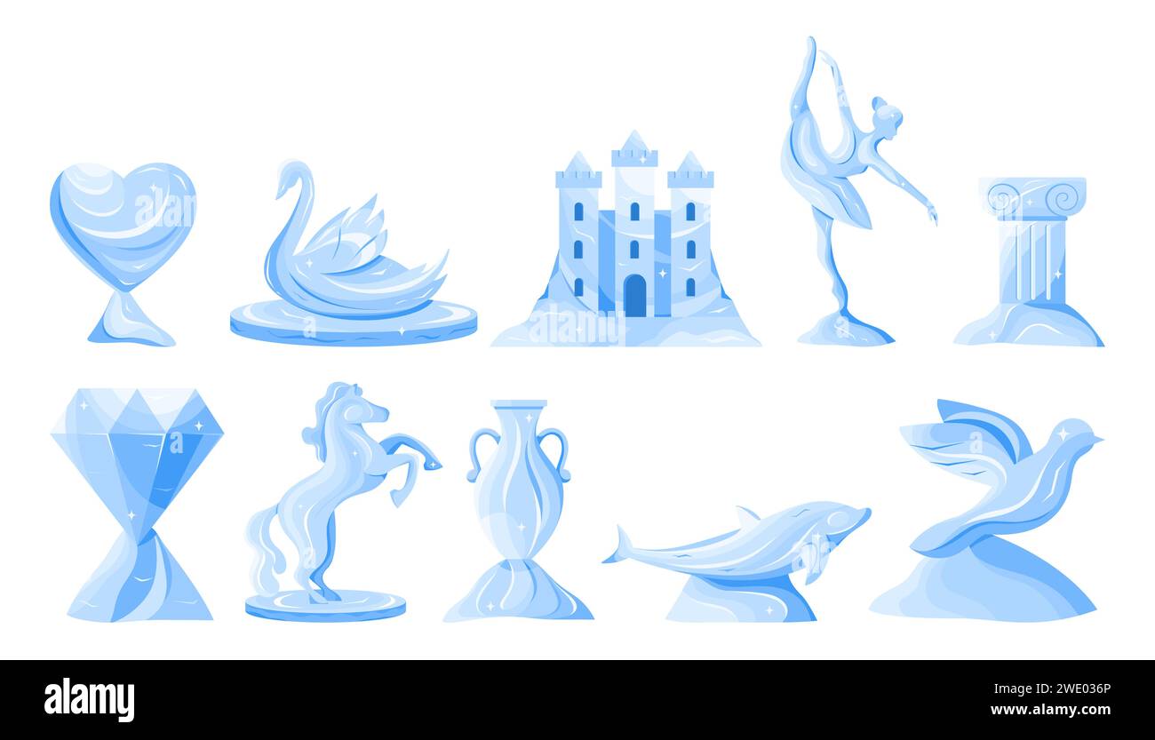 Ice sculptures set. Frozen winter icy carving collection of shining ...