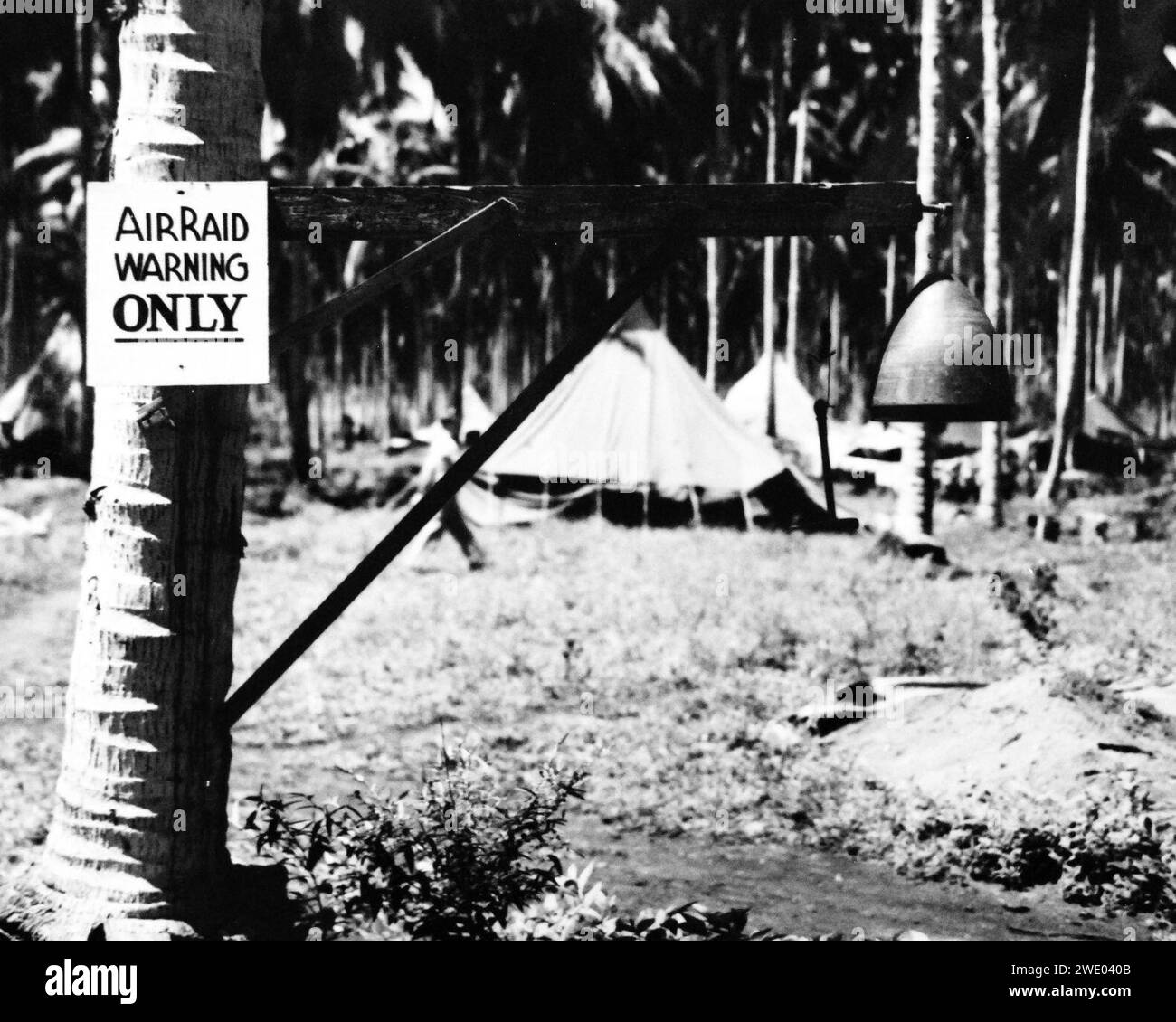 Air raid warning bell at Henderson Field, Guadalcanal, circa in 1943 ...