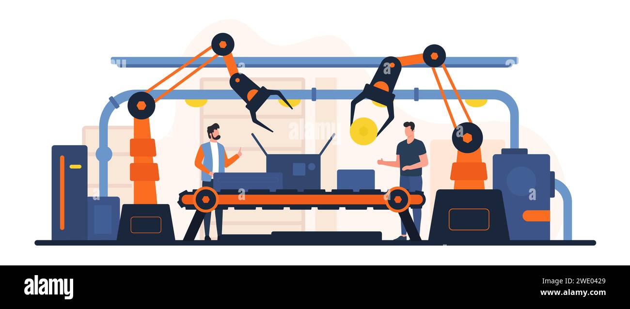 Assembly production process on automatic smart conveyor using robotic arms. Engineers and male ...