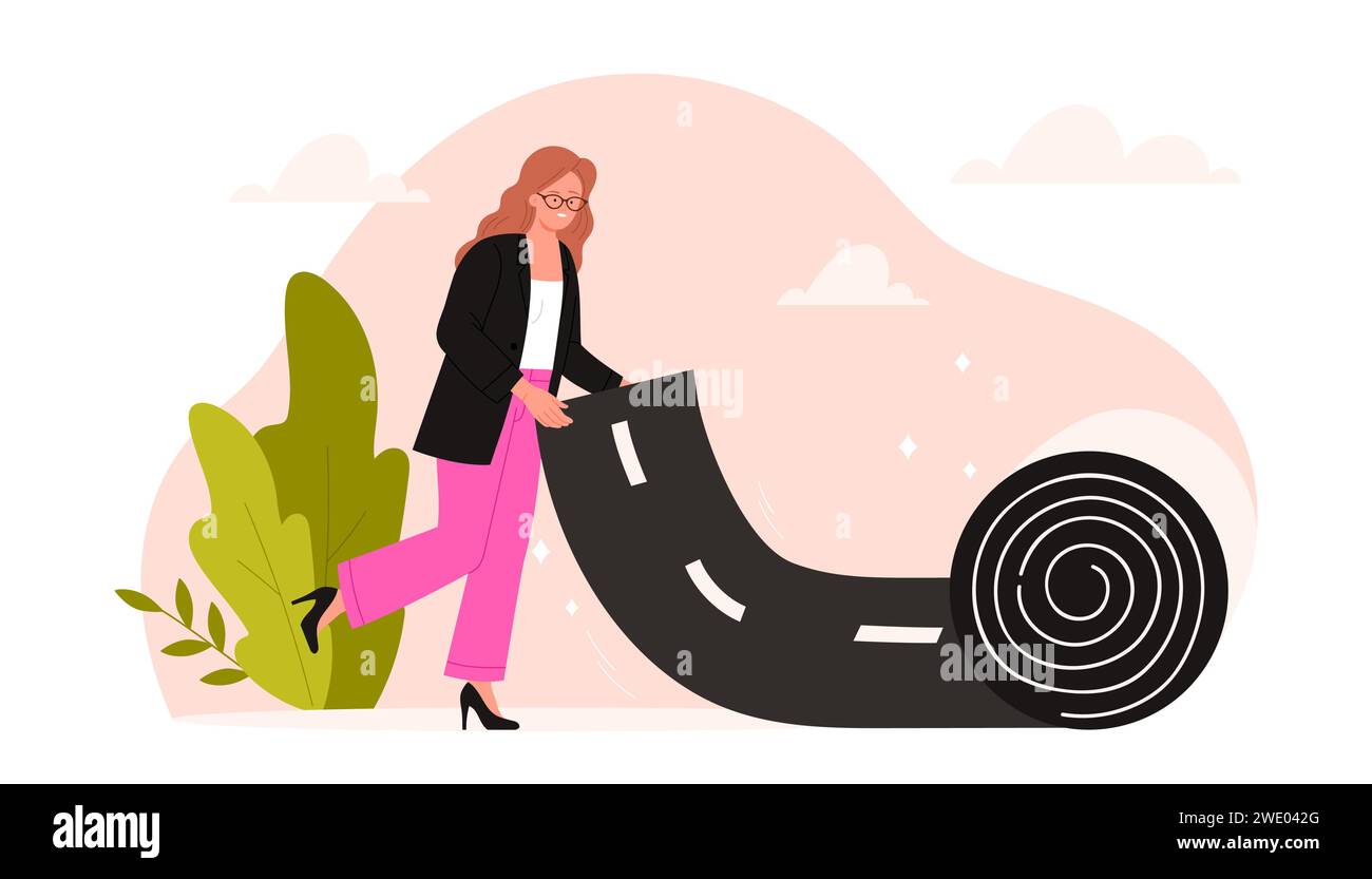 Businesswoman career planning and skills growth. Woman unrolling carpet ...