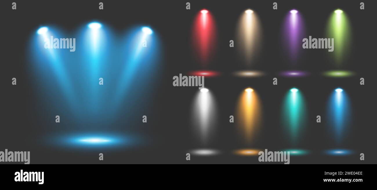 A set of blue and colored luminous transparent lighting effects on a ...