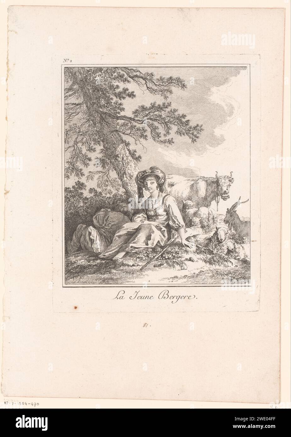 Seated Herderin under a tree, Jean Baptist Leprince, 1765 print paper ...