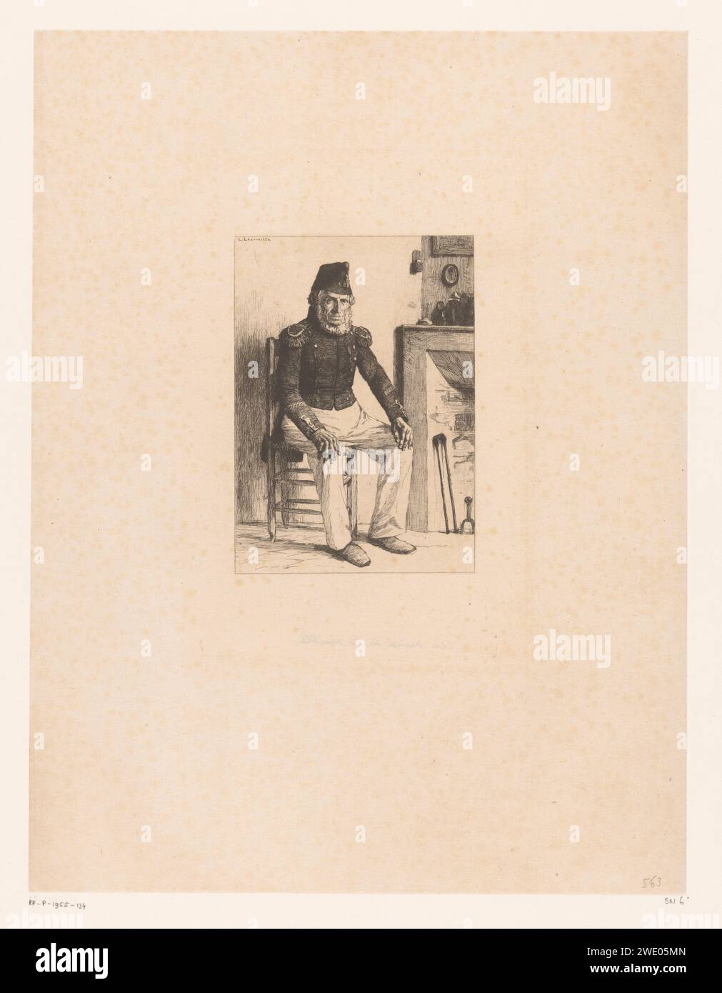 Old man in military costume, sitting next to a fireplace, Léon Augustin ...