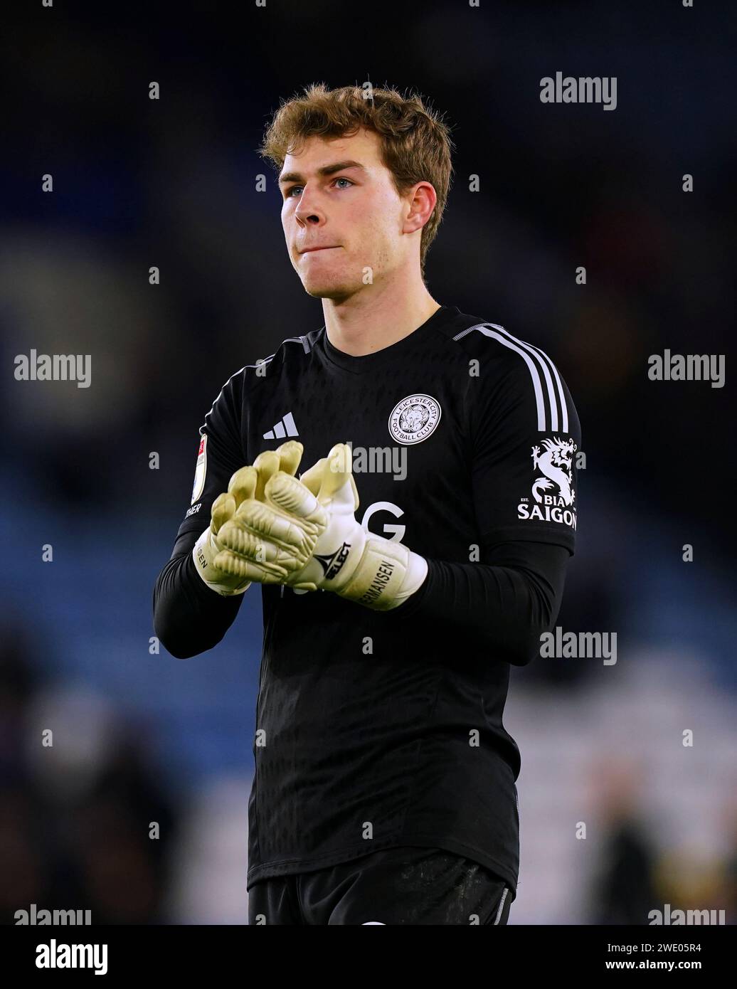 Leicester City goalkeeper Mads Hermansen applauds the fans at the end ...
